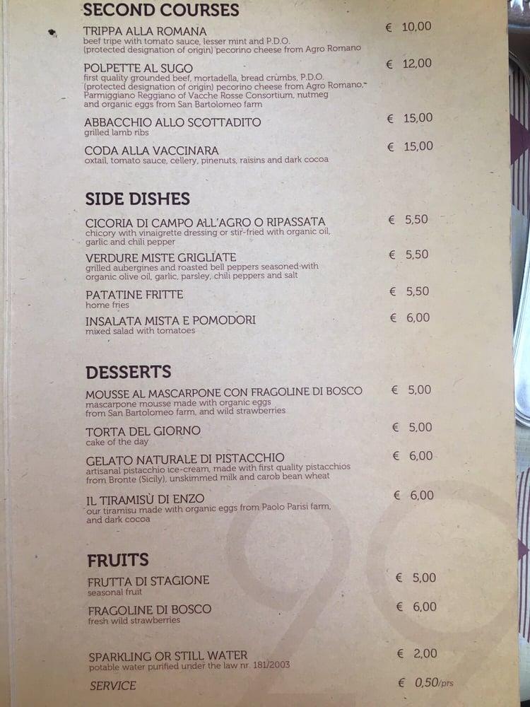 Menu at Trattoria Da Enzo al 29 restaurant, Rome