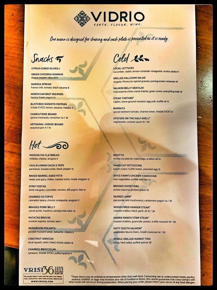 Carta del pub y bar Vidrio, Raleigh