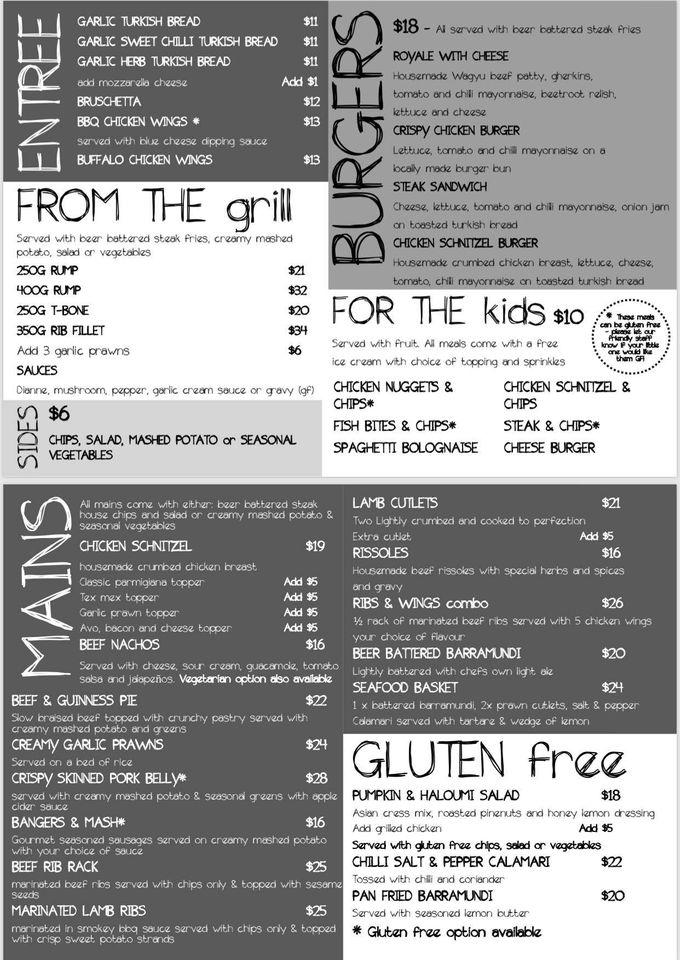 Menu at Wicklow Hotel restaurant, Armidale
