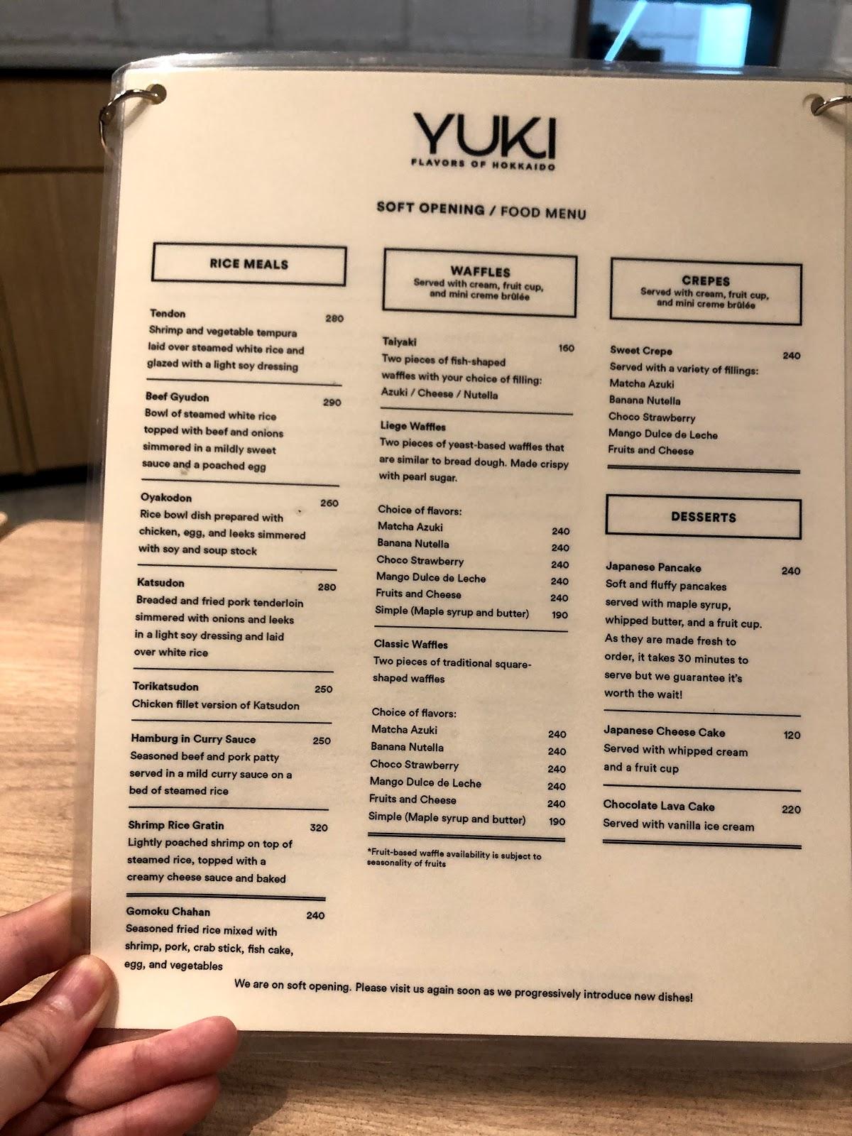 Menu at YUKI restaurant, Makati
