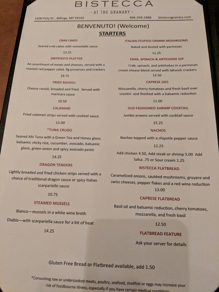 Menu at Bistecca at the Granary steakhouse, Billings