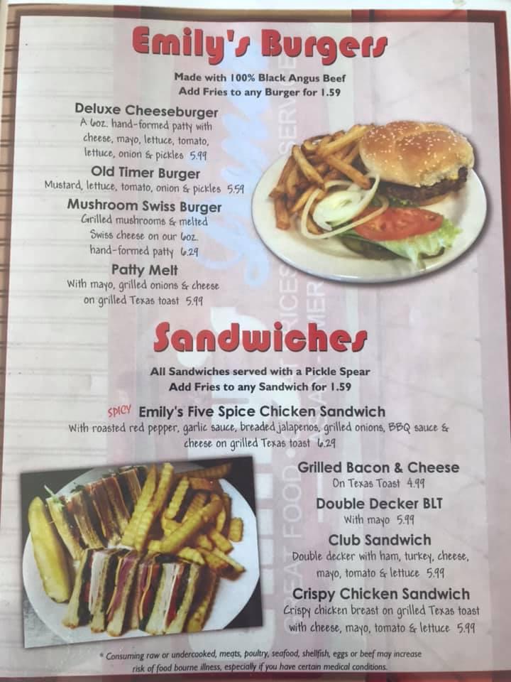 Menu at Emilys Diner restaurant, Cabot