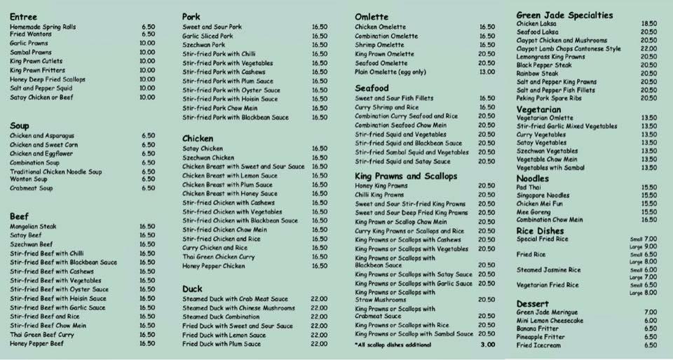 Menu at Green Jade restaurant, Bunbury