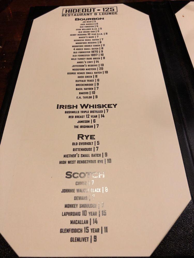 Menu at Hideout 125 pub & bar, Fort Wayne