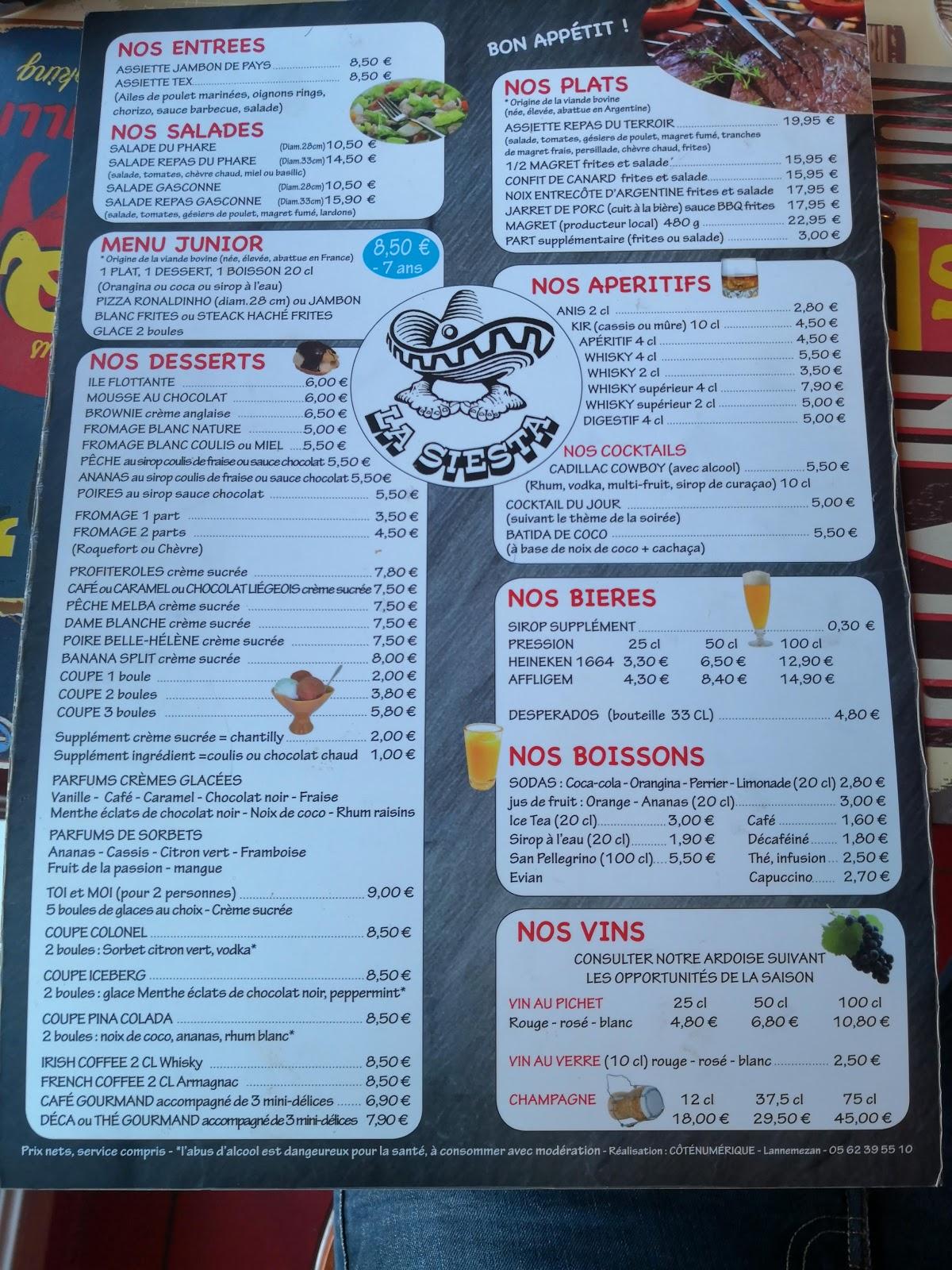 Menu au La Siesta restaurant, Capvern, D817