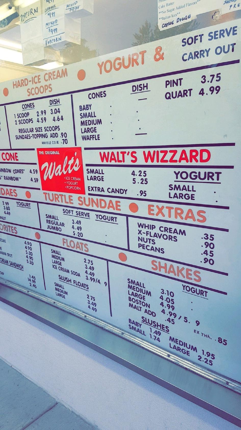 Menu at The Original Walt's Ice Cream restaurant, Joliet