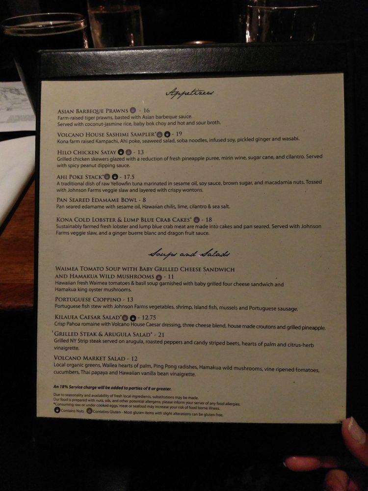 Menu at The Rim restaurant, Volcano, 1 Crater Rim Drive