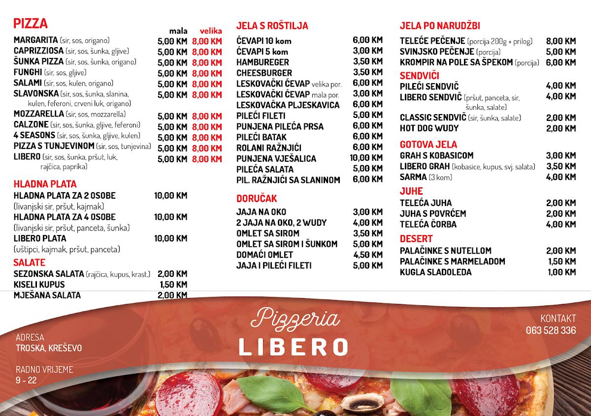 Menu at pizzeria Libero, Kreševo