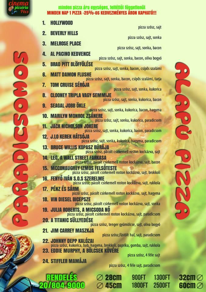 Menu at Cinema Pizzéria pizzeria, Pécs