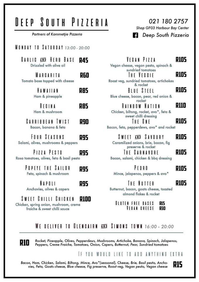 Menu at Deep South Pizzeria, Cape Town