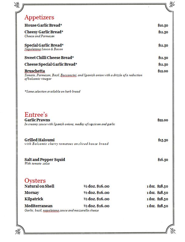 Menu at IL Colosseo pizzeria, Taree