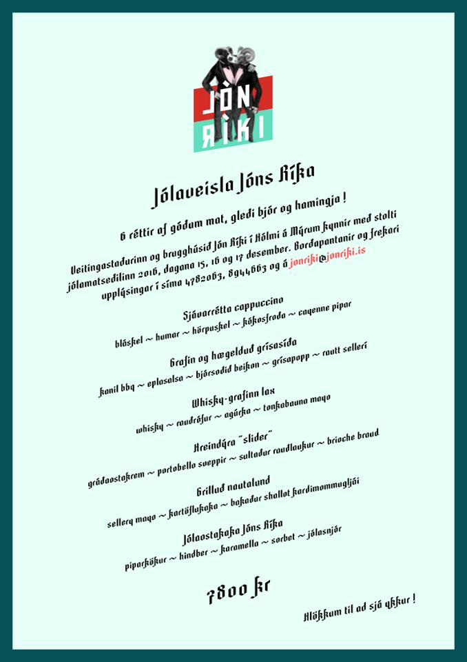 Menu at Jon Riki restaurant, Iceland