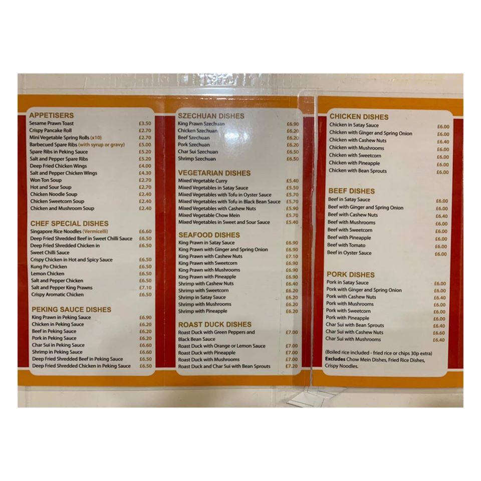 Menu at Lee's Chinese restaurant, Dundee