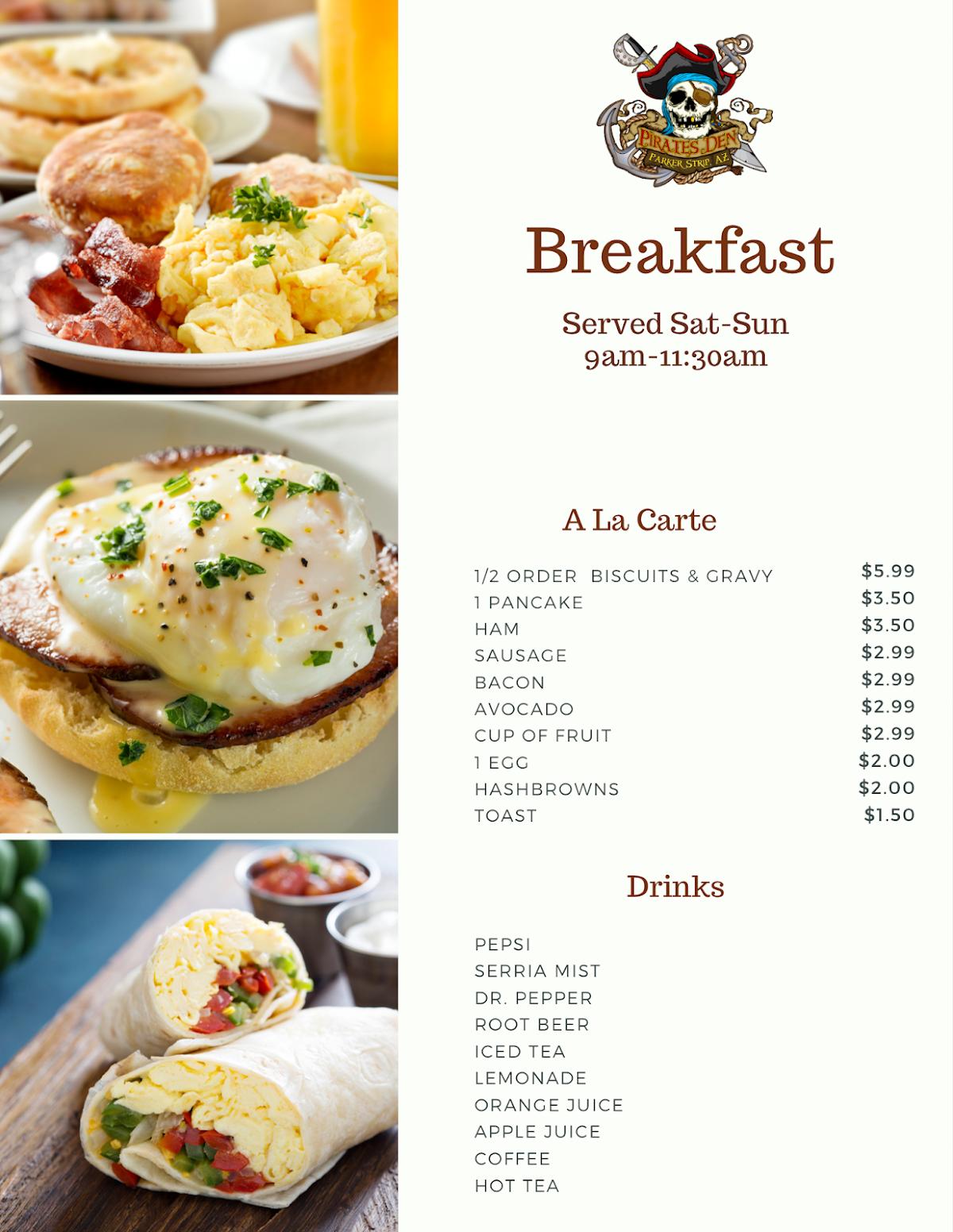 Menu at Pirate's Den RV Resort and Marina pub & bar, Parker