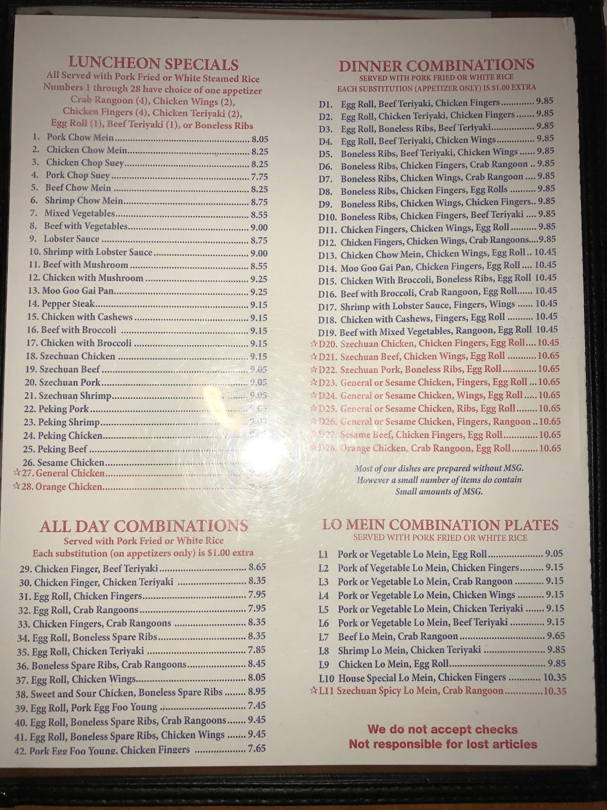 Menu at Sun Sun restaurant, Randolph