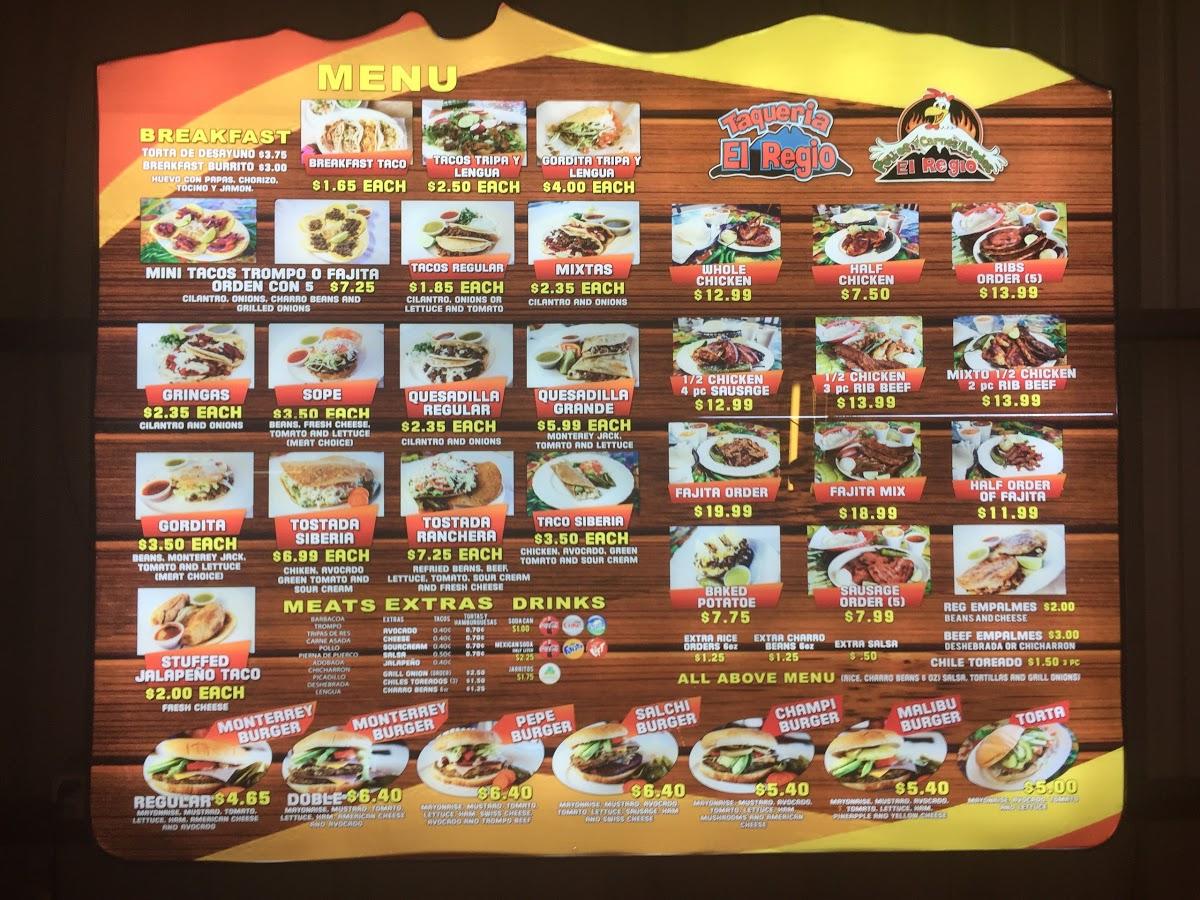 Menu at Taqueria Y Pollo Asados El Regio restaurant, Crosby