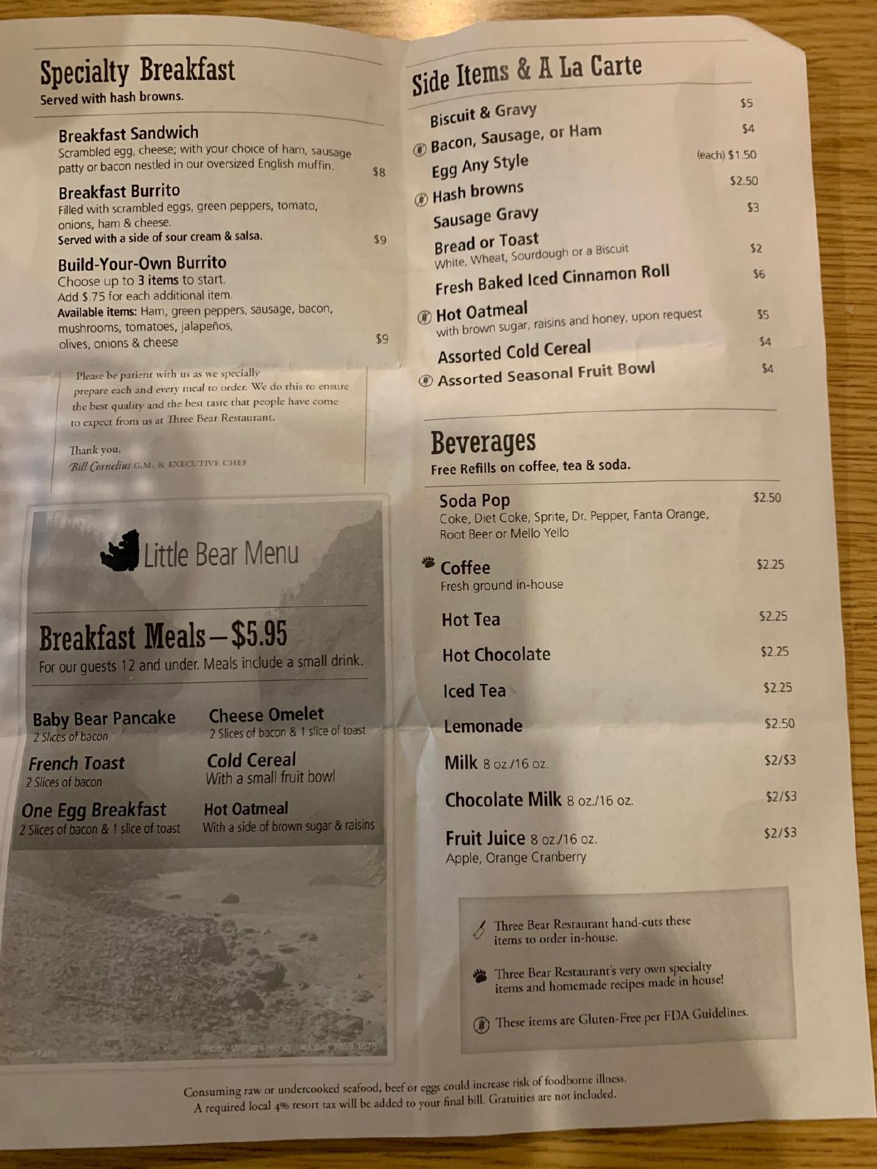Menu at Three Bear Restaurant, West Yellowstone