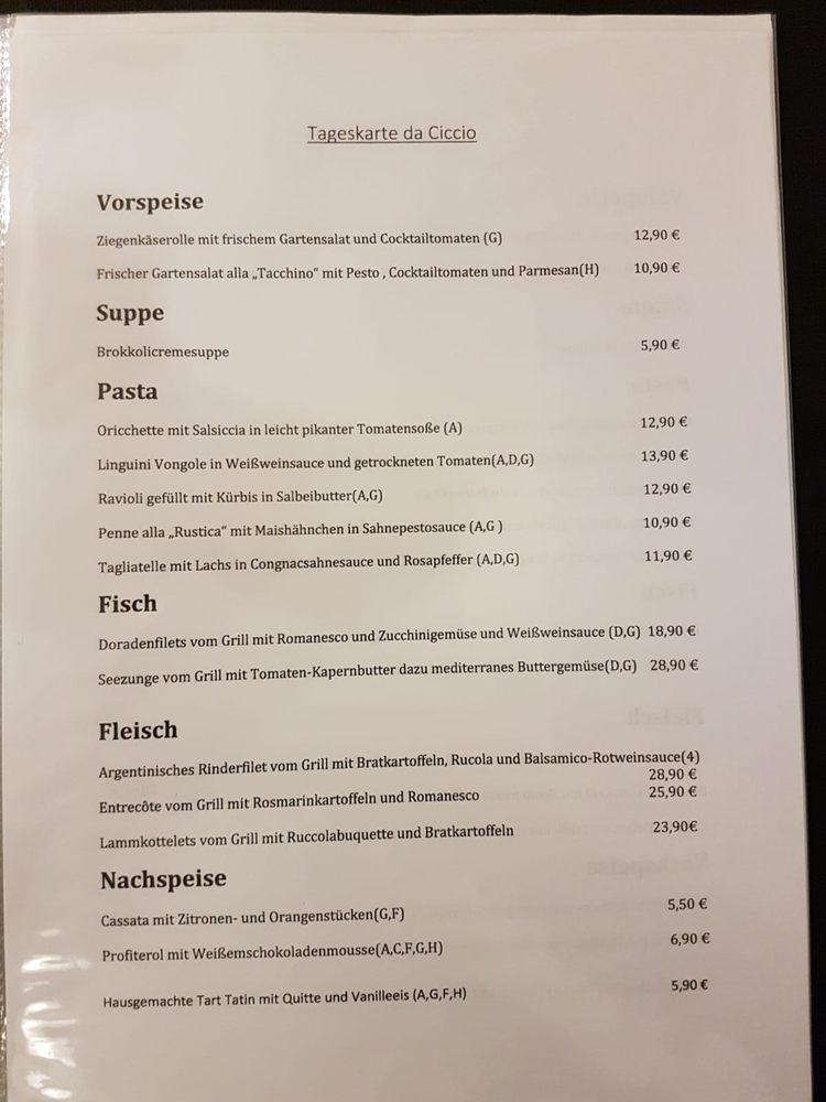 Menu at Trattoria da Ciccio pizzeria, Munich