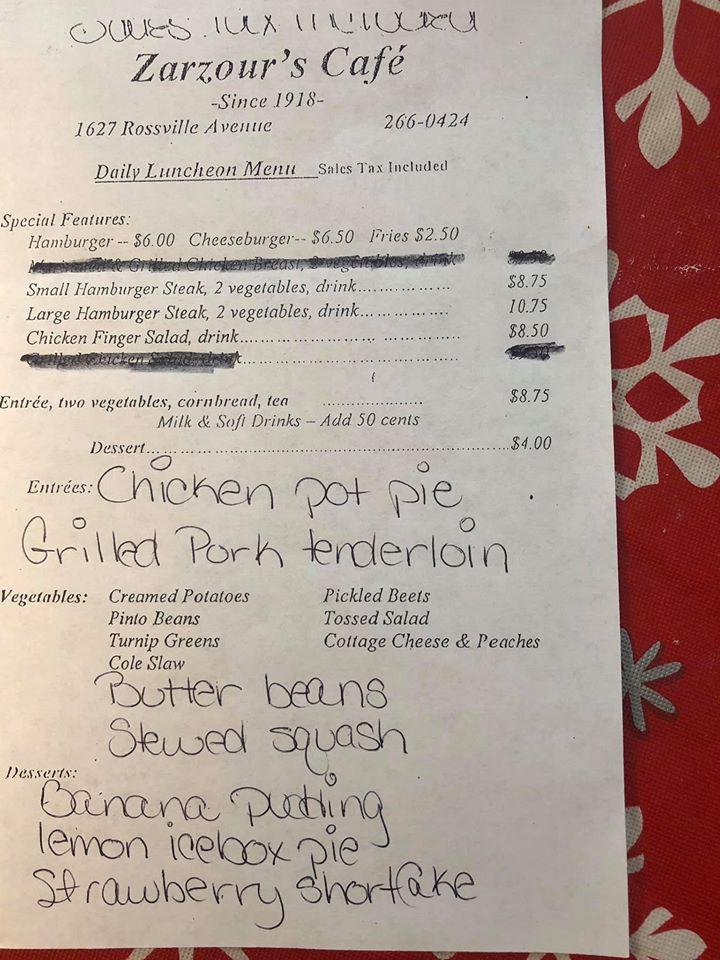 Menu at Zarzour's cafe, Chattanooga