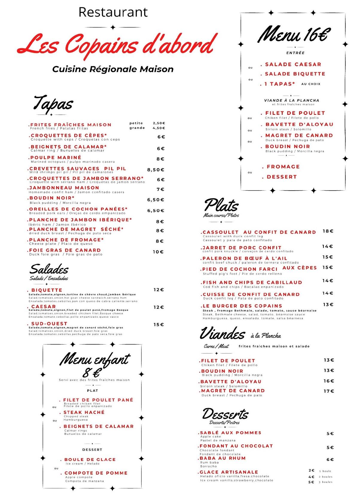 Menu at les copains d'abord restaurant, Carcassonne
