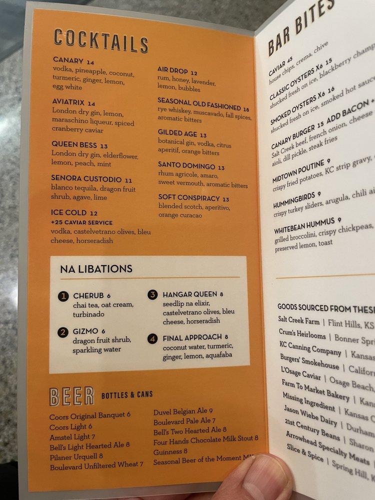 Menu at Canary pub & bar, Kansas City, Main St