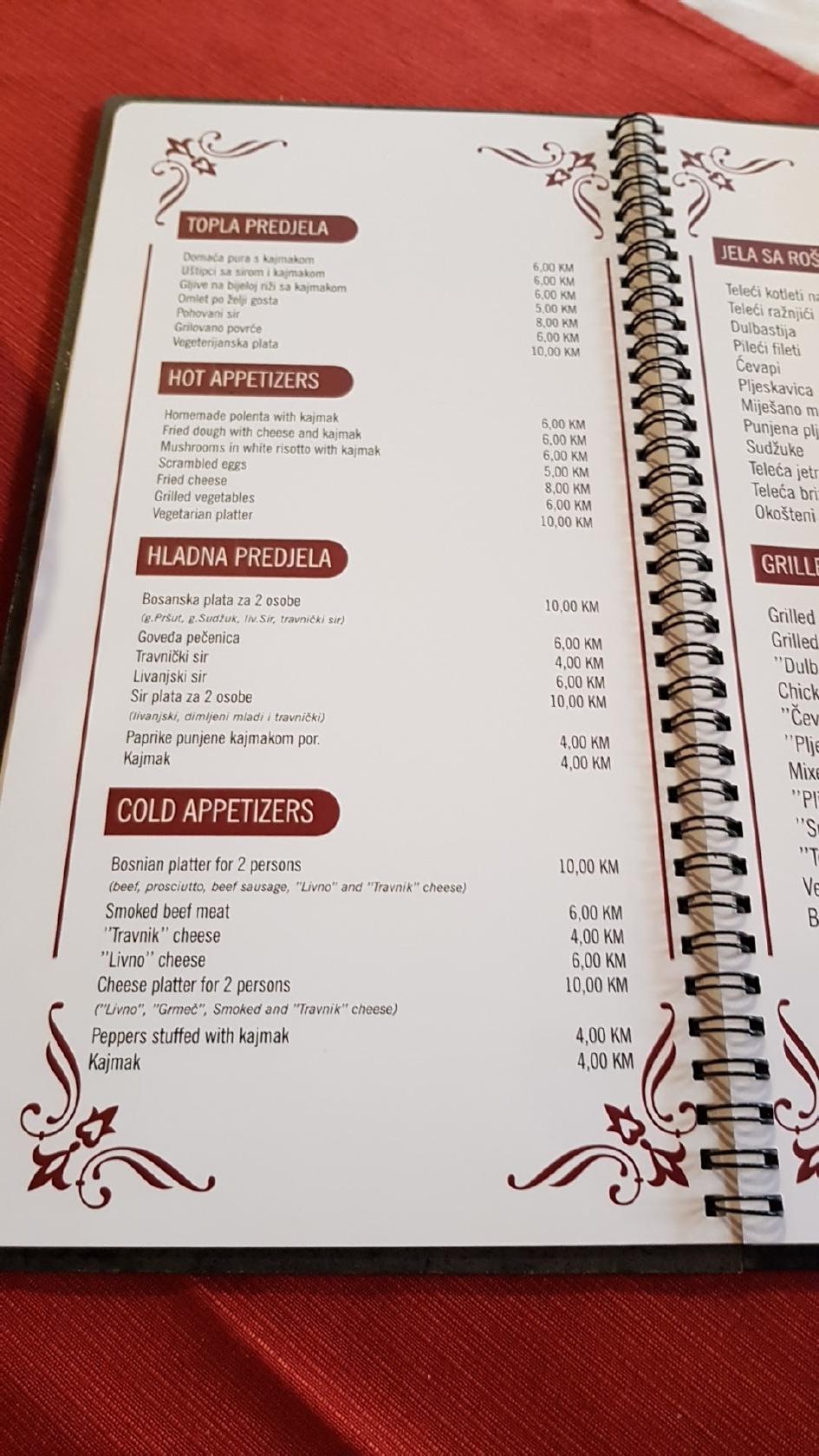 Menu at Čardak restaurant, Vogošća
