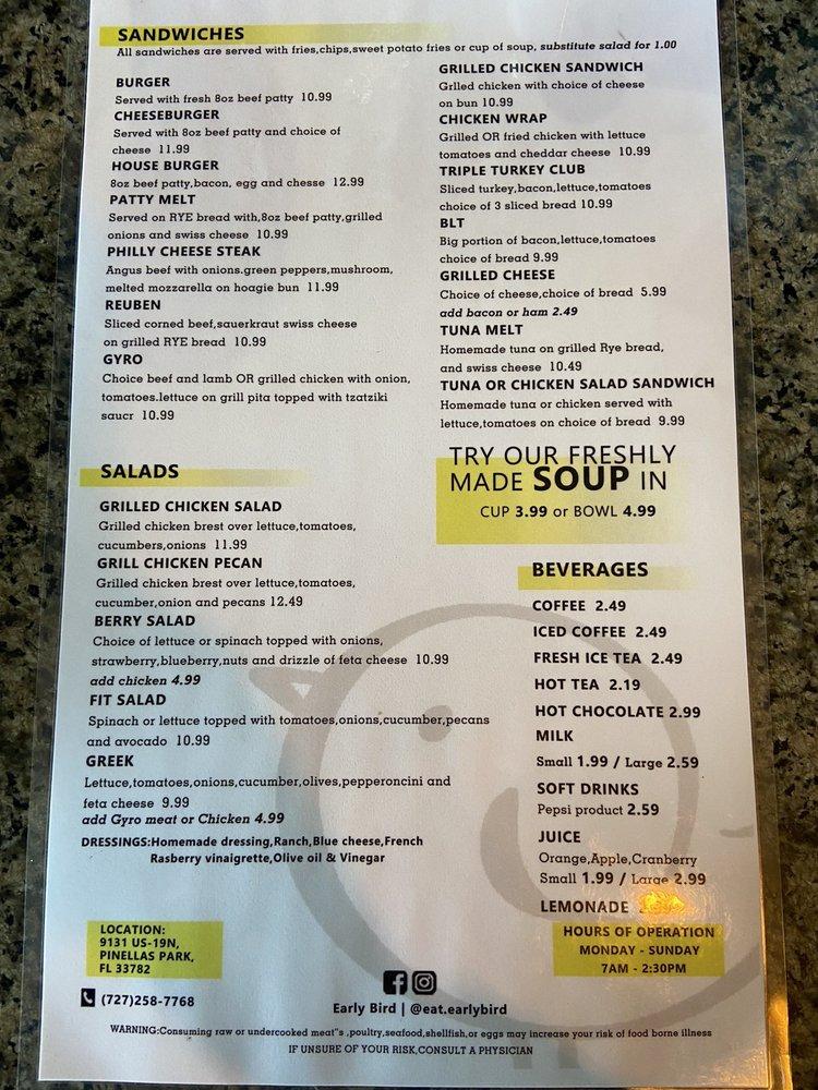 Menu at Early Bird restaurant, Pinellas Park