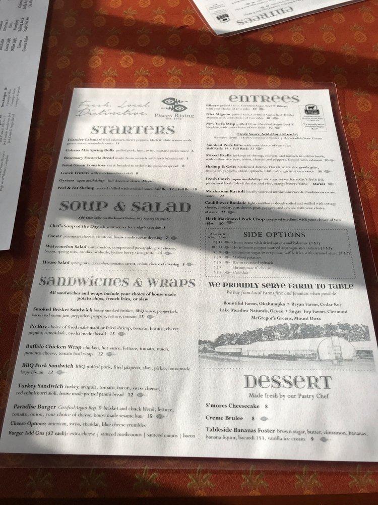 Menu at Pisces Rising steakhouse, Mount Dora