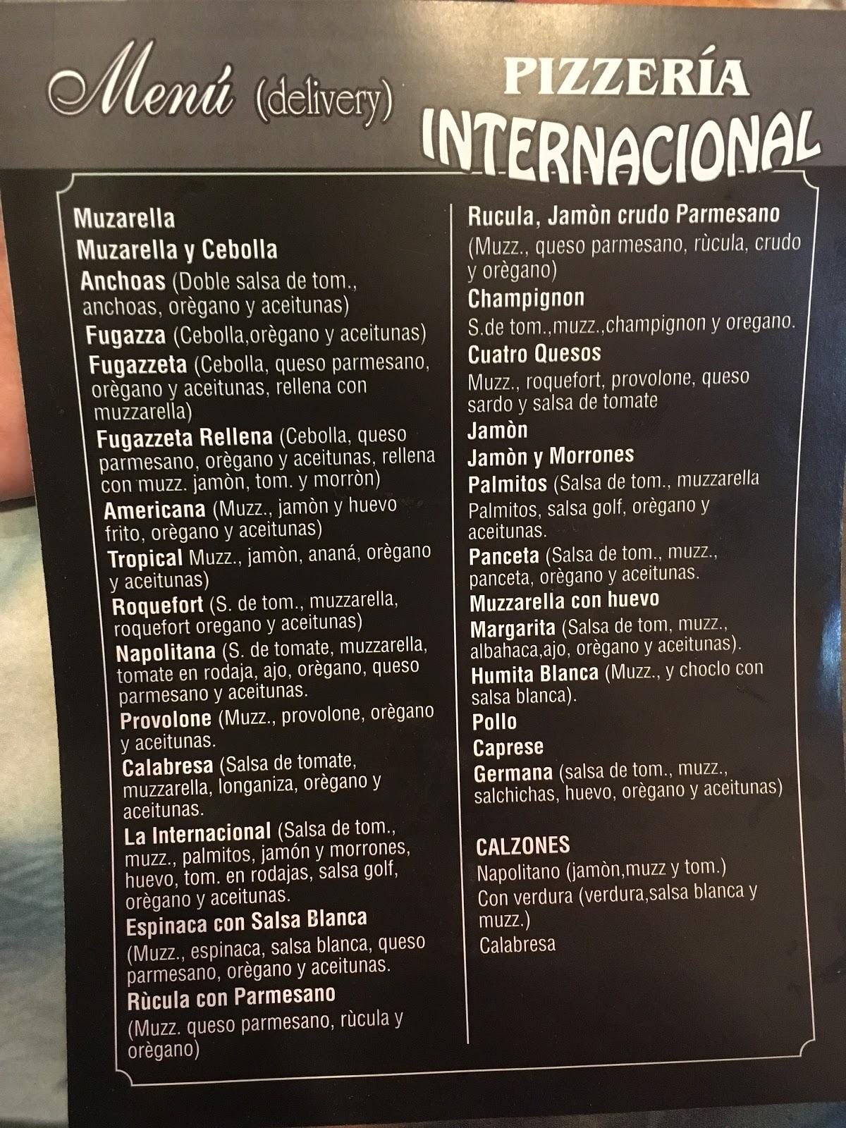 Menu at Pizzería Internacional, Bernal