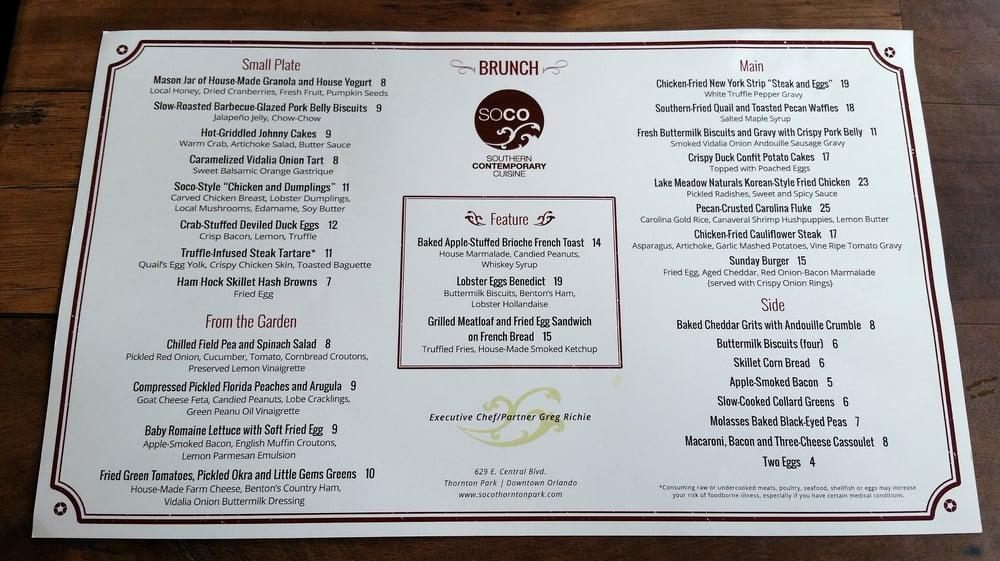 Menu at Soco Restaurant, Orlando