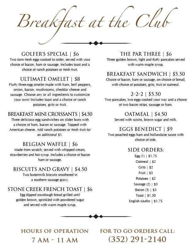 Menu at Stone Creek Golf Club, Ocala