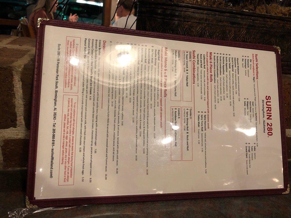 Menu at Surin 280 restaurant, Birmingham, 16 Perimeter Park S