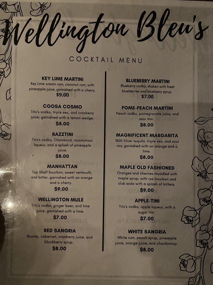 Menu at Wellington Bleu's steakhouse, Gadsden