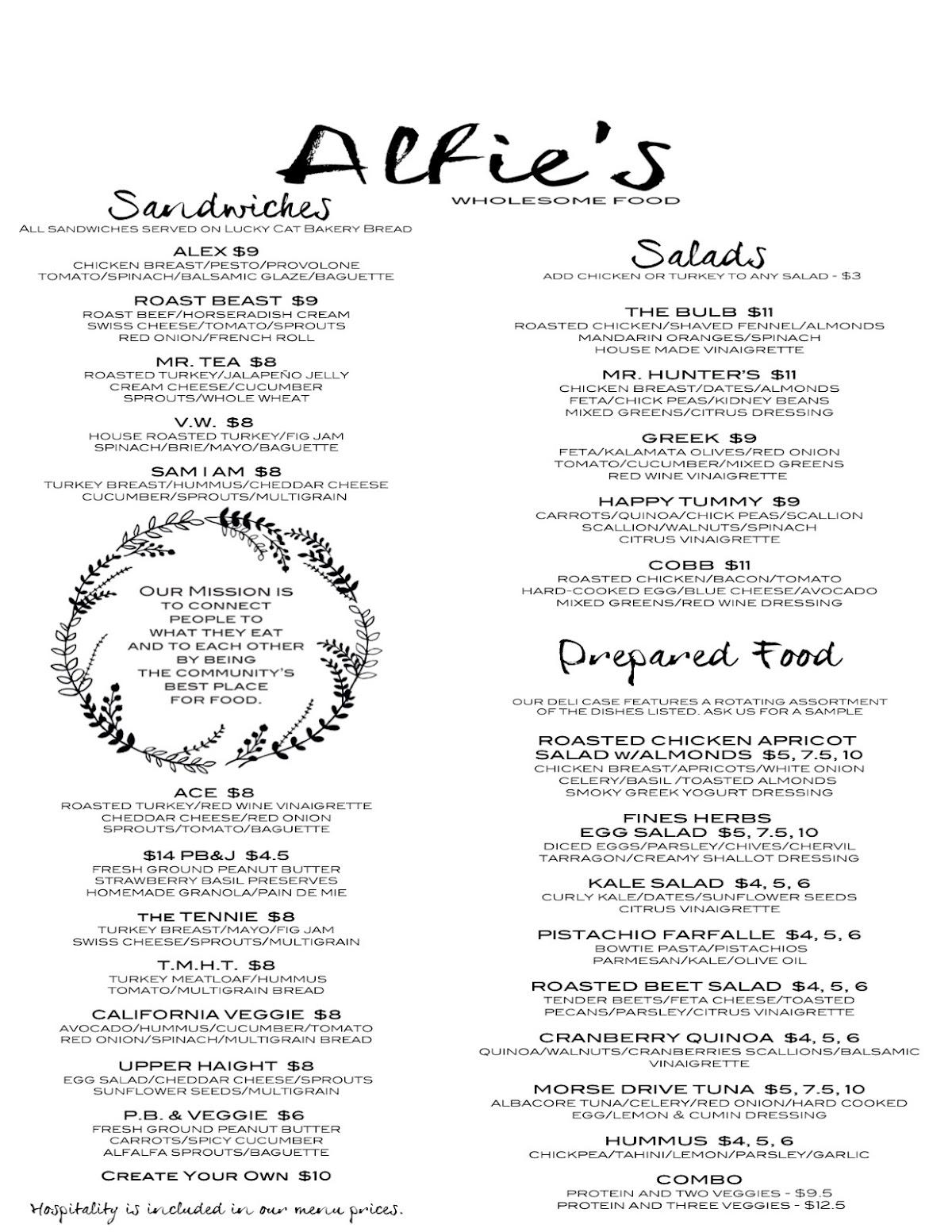 Menu at Alfie’s Granville cafe, Granville
