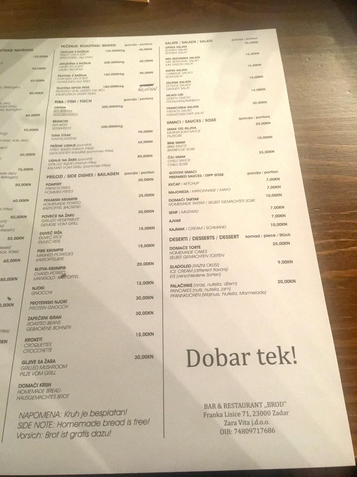 Menu at Bistro "BROD" restaurant, Zadar