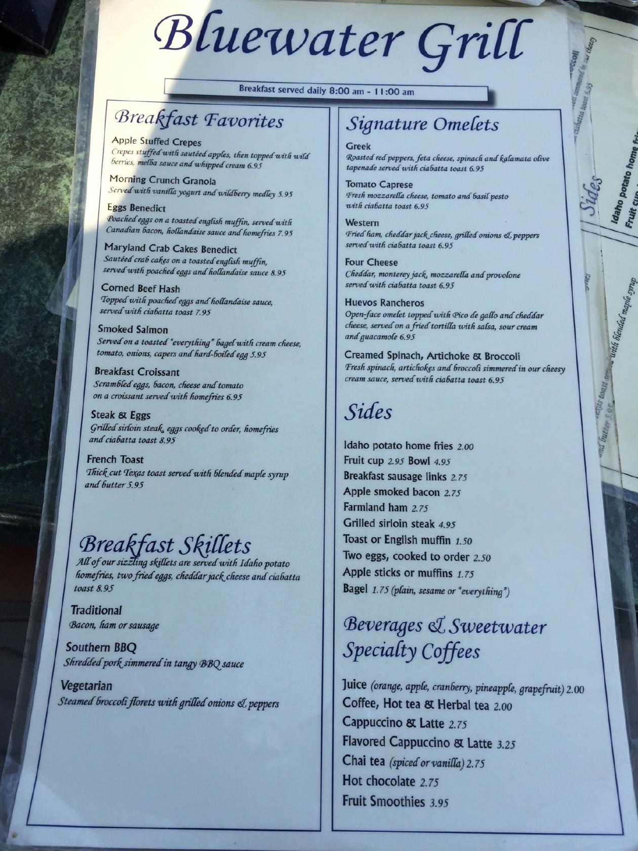 Menu at Blue Water Grill restaurant, Skaneateles