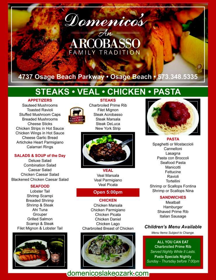 Menu at Domenico's Italian Restaurant, Osage Beach