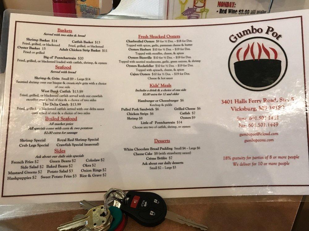 Menu at Gumbo Pot restaurant, Vicksburg
