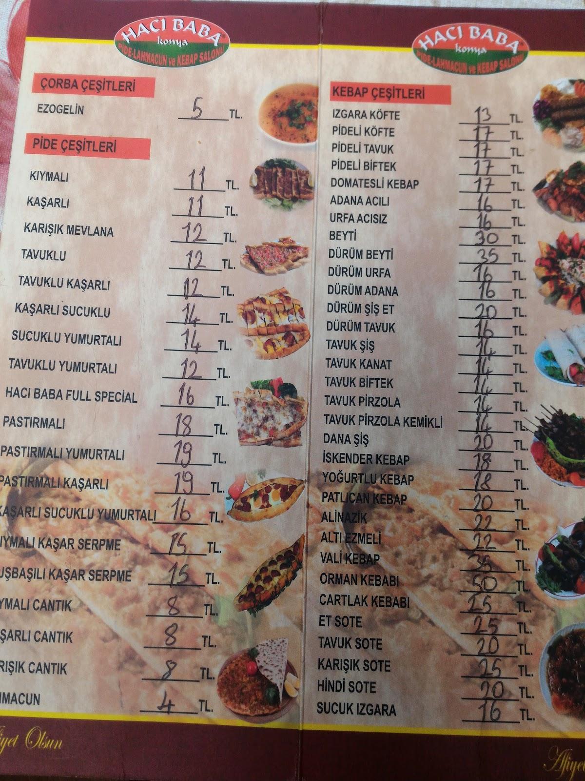 Menu at Konya park pide, Gönen