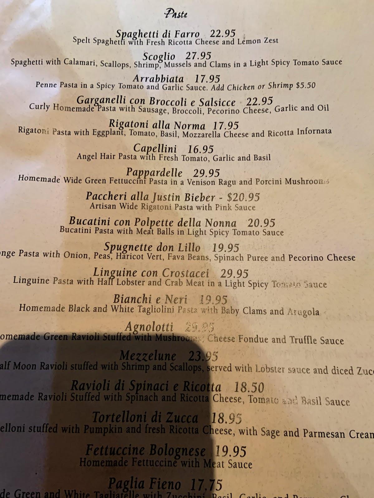 Menu at Il Pastaio restaurant, Beverly Hills