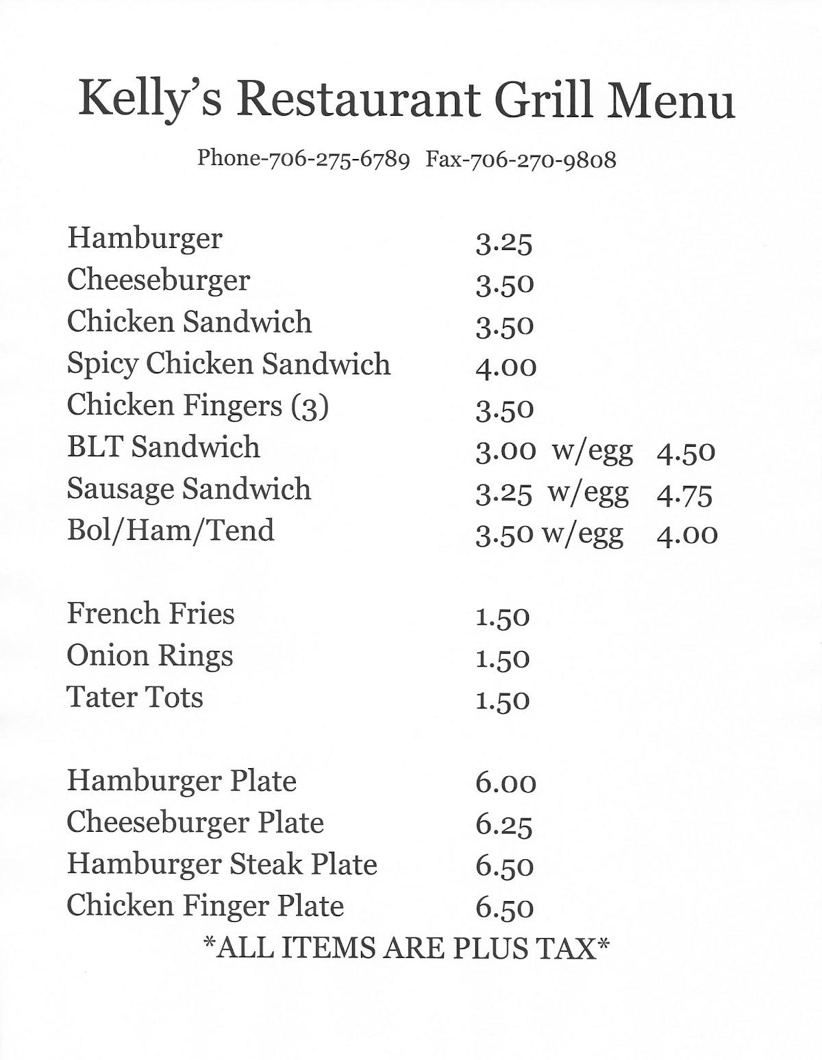 Menu at Kelly's Restaurant, Dalton