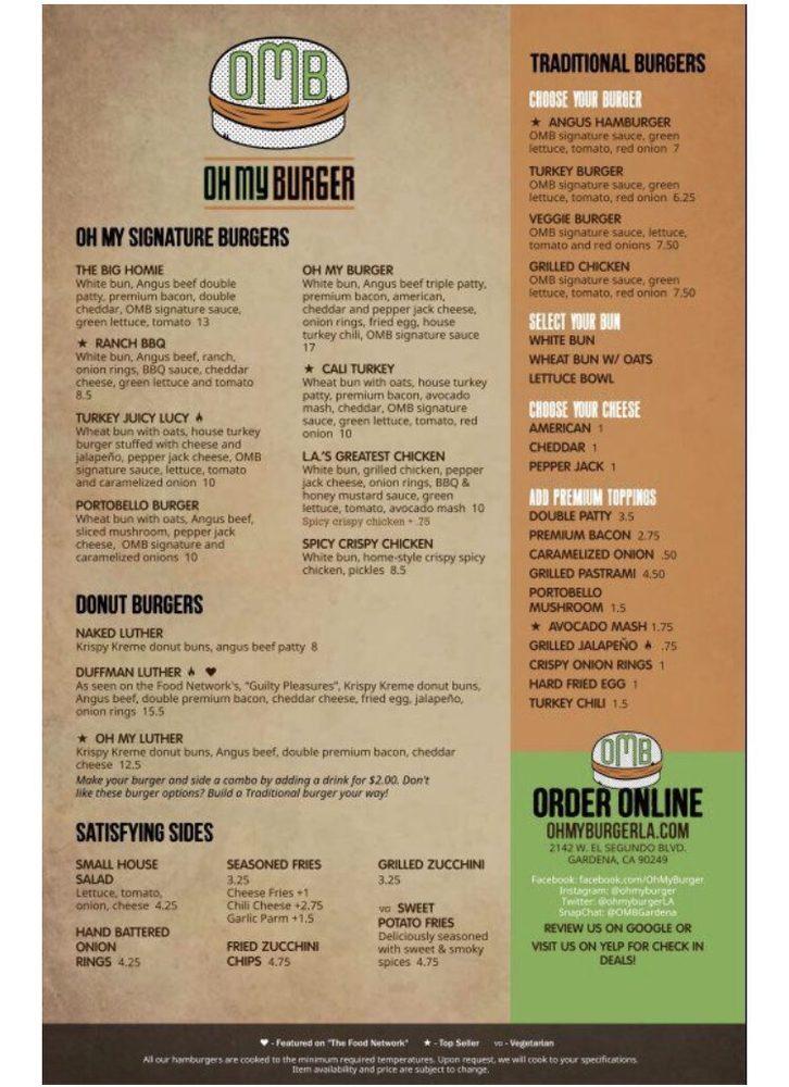 Menu at Oh My Burger restaurant, Gardena, W El Segundo Blvd