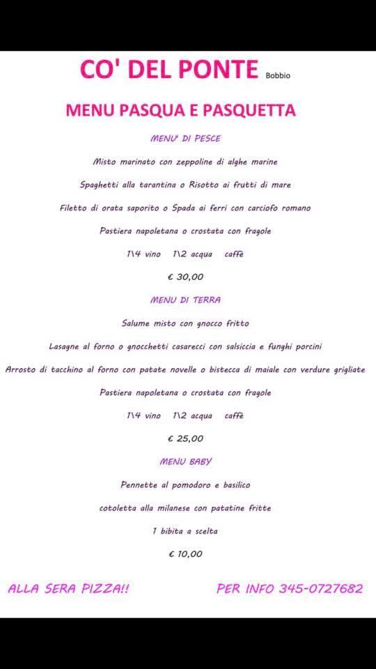 Menu da Ristorante Pizzeria Bar Co' del Ponte, Bobbio