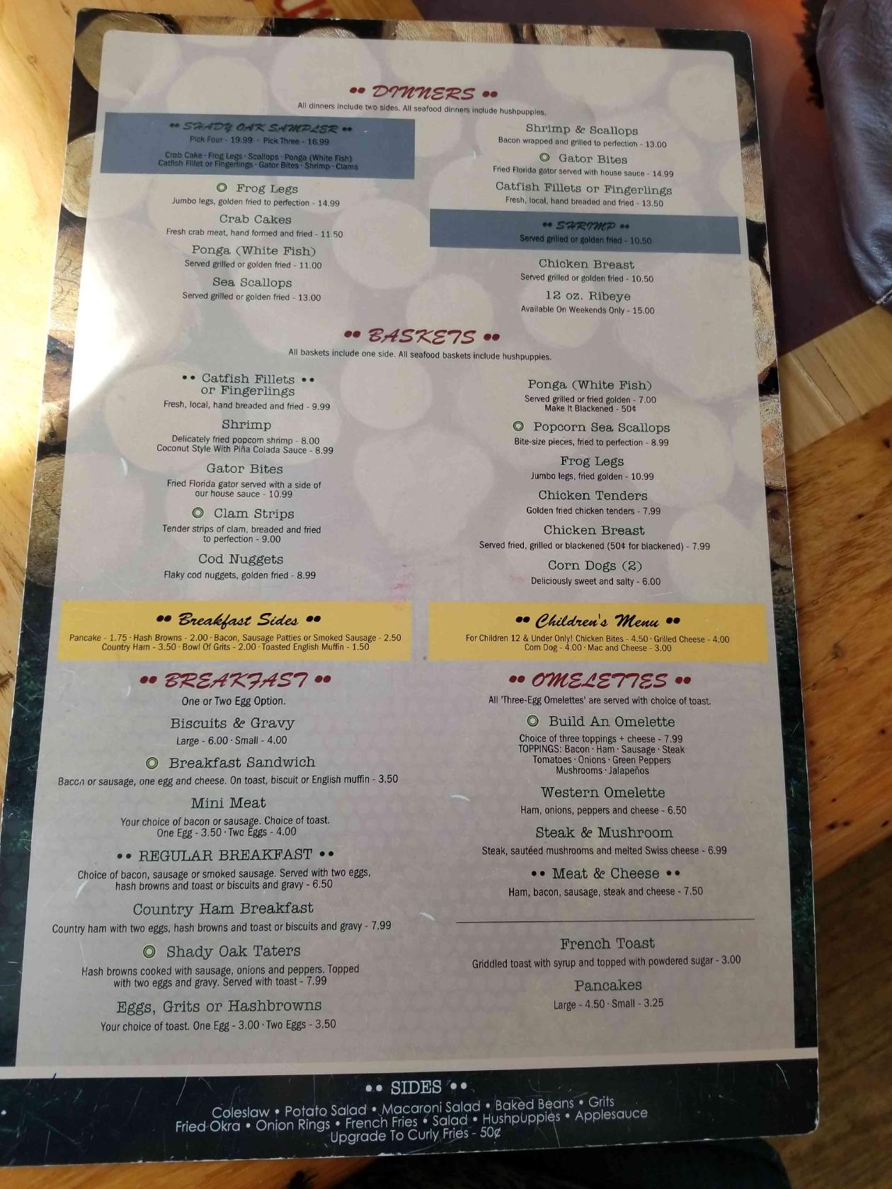 Menu at Shady Oak Restaurant, DeLand, New York Ave W