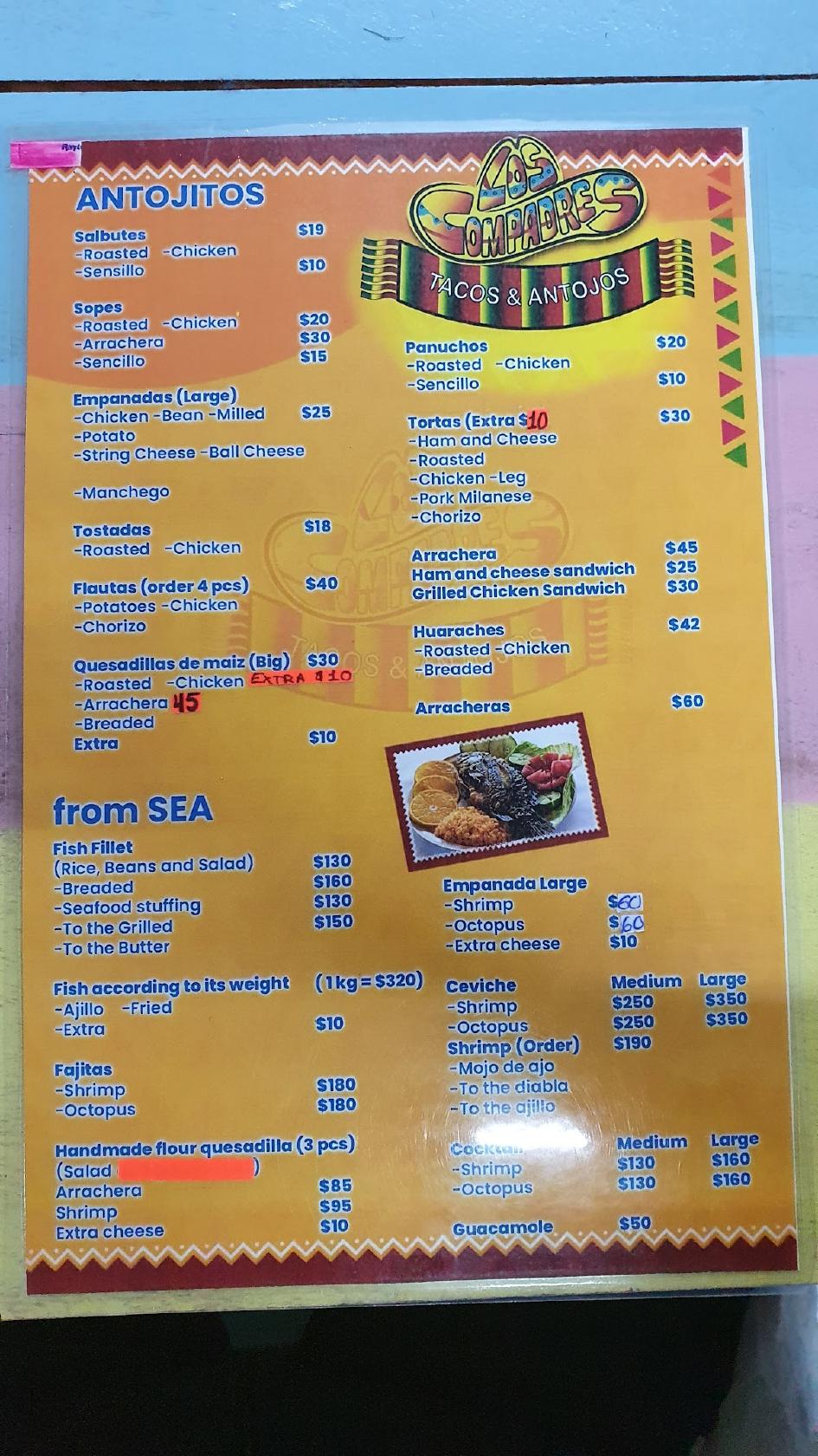 Menu at Tacos, tortas y jugos "los compadres" restaurant, Mahahual