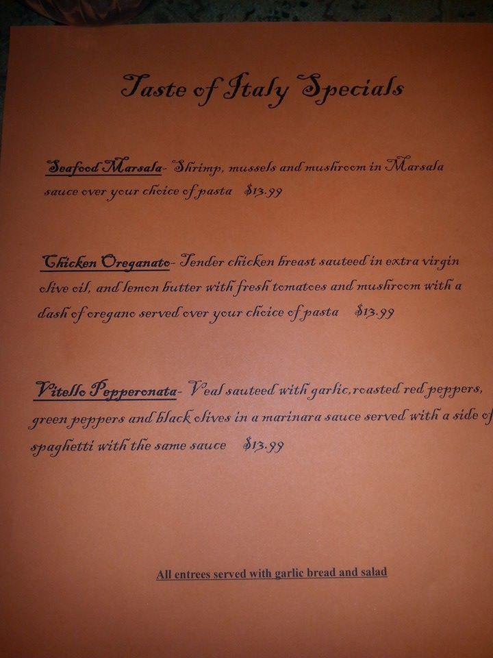 Menu at Taste of Italy restaurant, Yadkinville