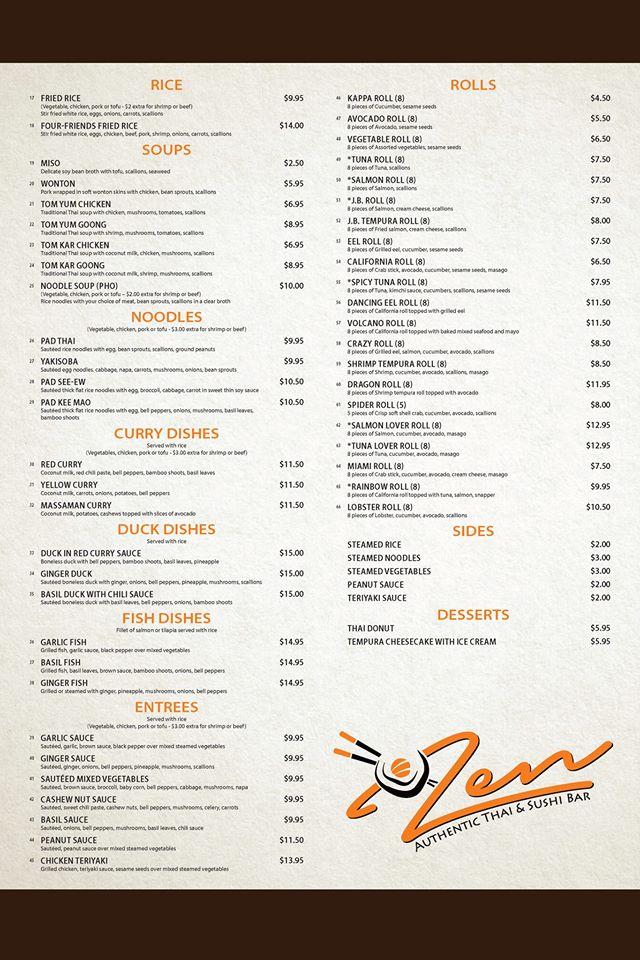 Menu at Zen Thai & Sushi restaurant, Coos Bay