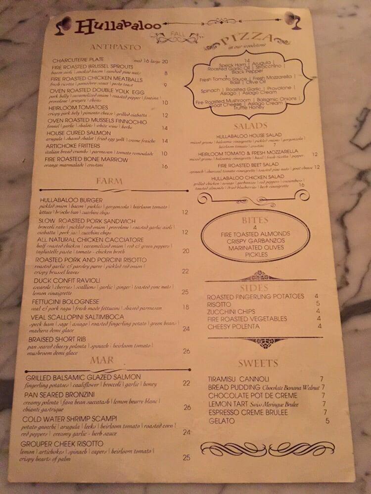 Menu at Hullabaloo pub & bar, West Palm Beach