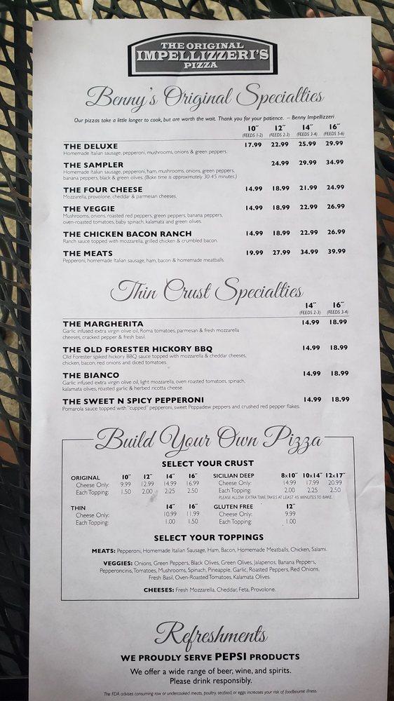 Menu at Impellizzeri's Pizza pizzeria, Louisville, Bardstown Rd