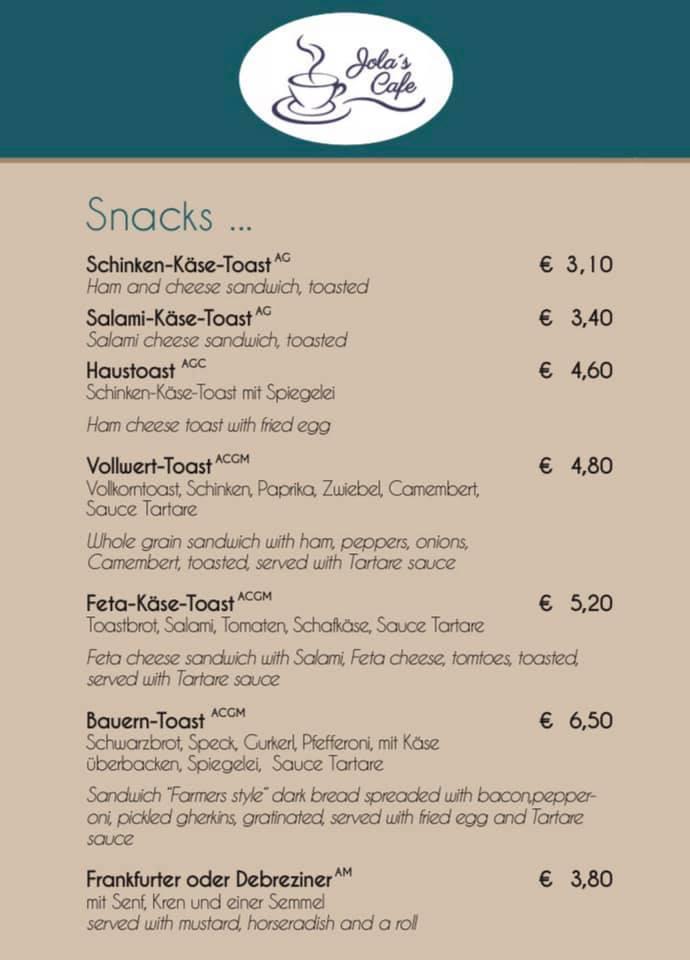 Menu at Jola's Cafe, Tulln